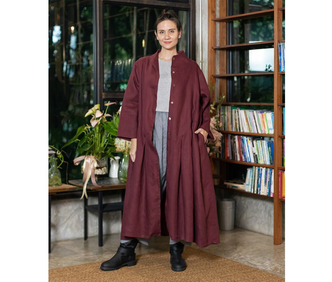 Plum Colored Linen Jacket With Lining, Purple Linen Overcoat, Long ...