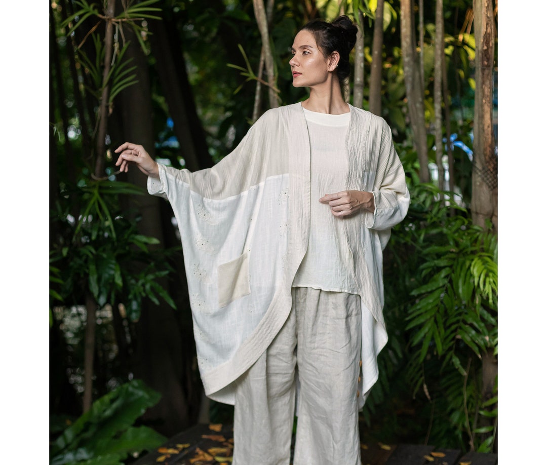 Embroidered Linen Shrug, Off-white Linen and Cotton Cardigan, Oversized ...