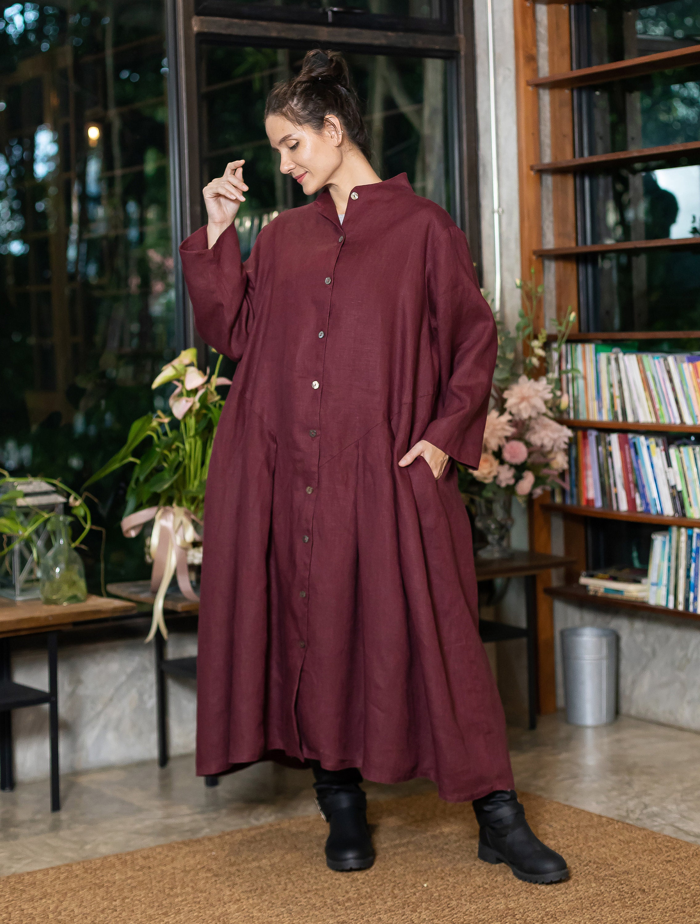 Plum Colored Linen Jacket With Lining, Purple Linen Overcoat, Long ...
