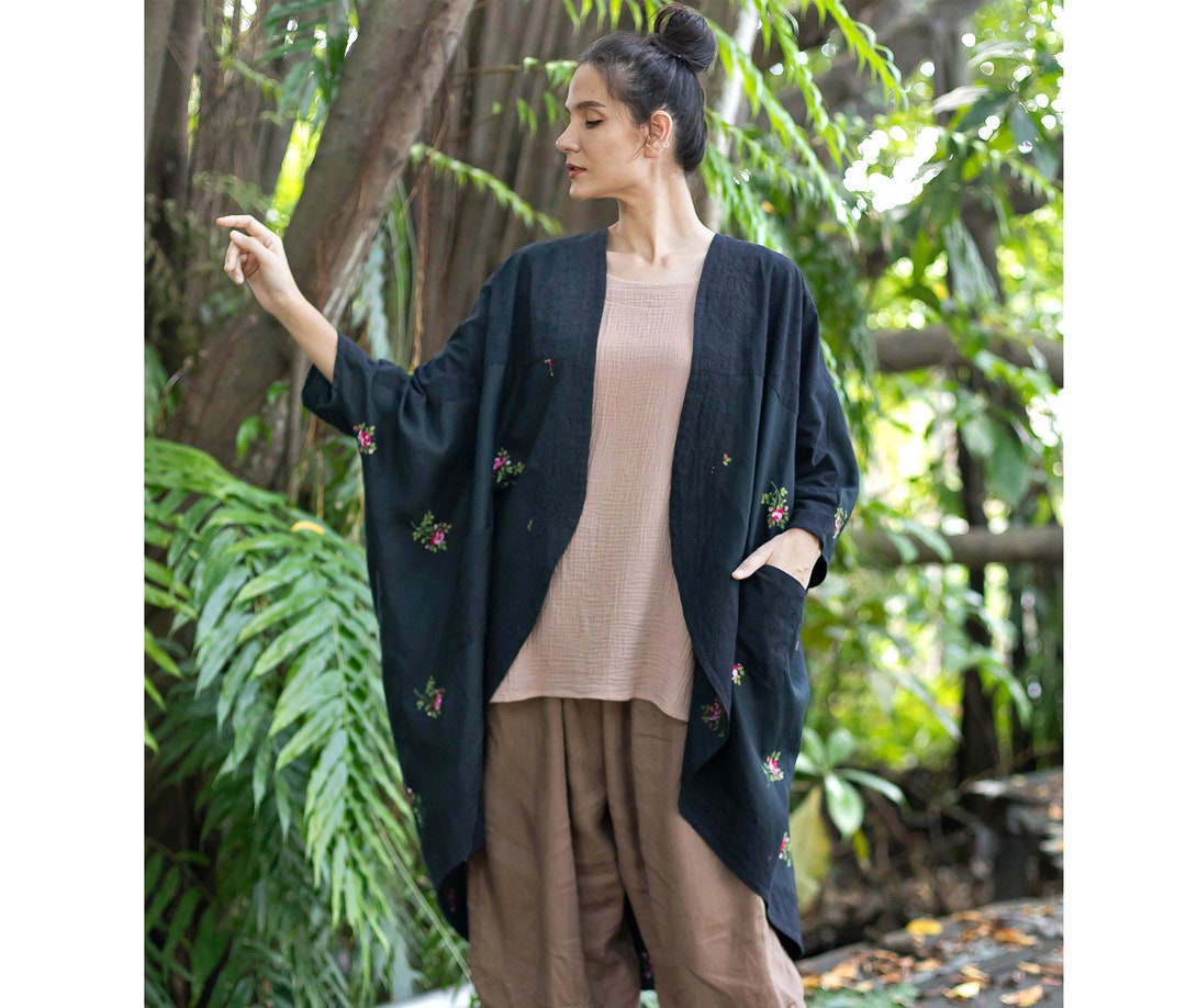 Black Linen Kimono Shrug With Floral Embroidery, Loose Fitting Black ...