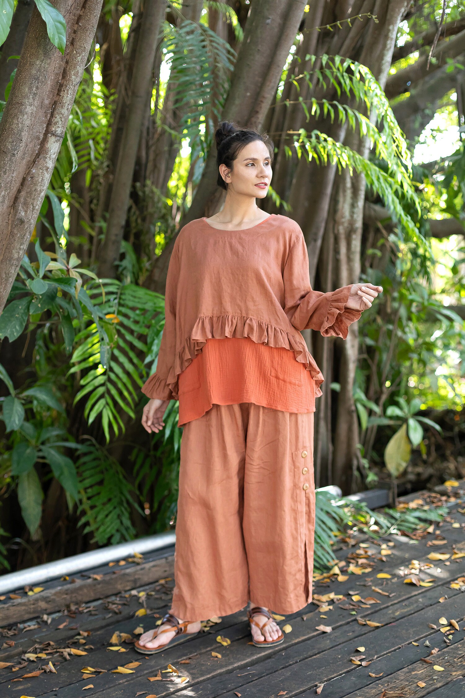 Green Oversized Linen Slit Pants, Wide Leg Linen Pants, Plus Size Linen ...