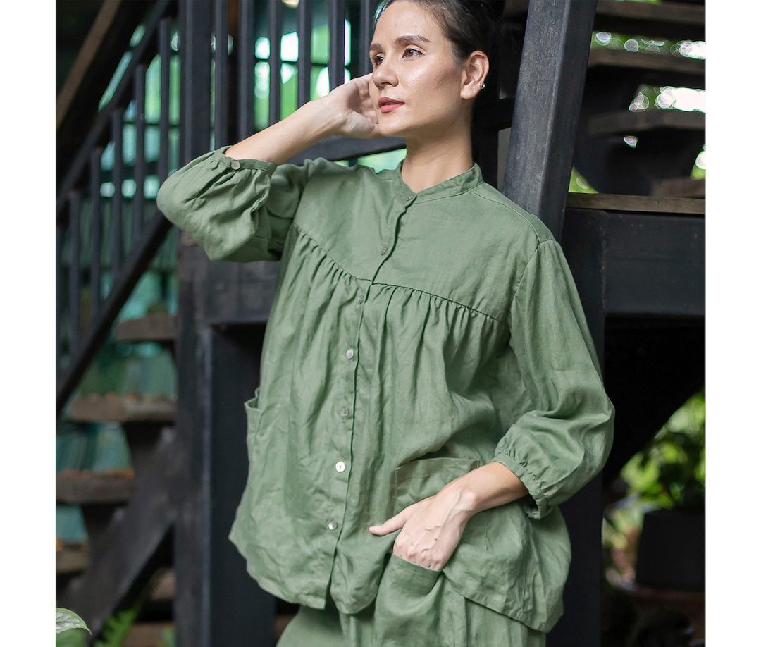 Loose Fitting Green Linen Blouse With Band Collar and Pockets ...