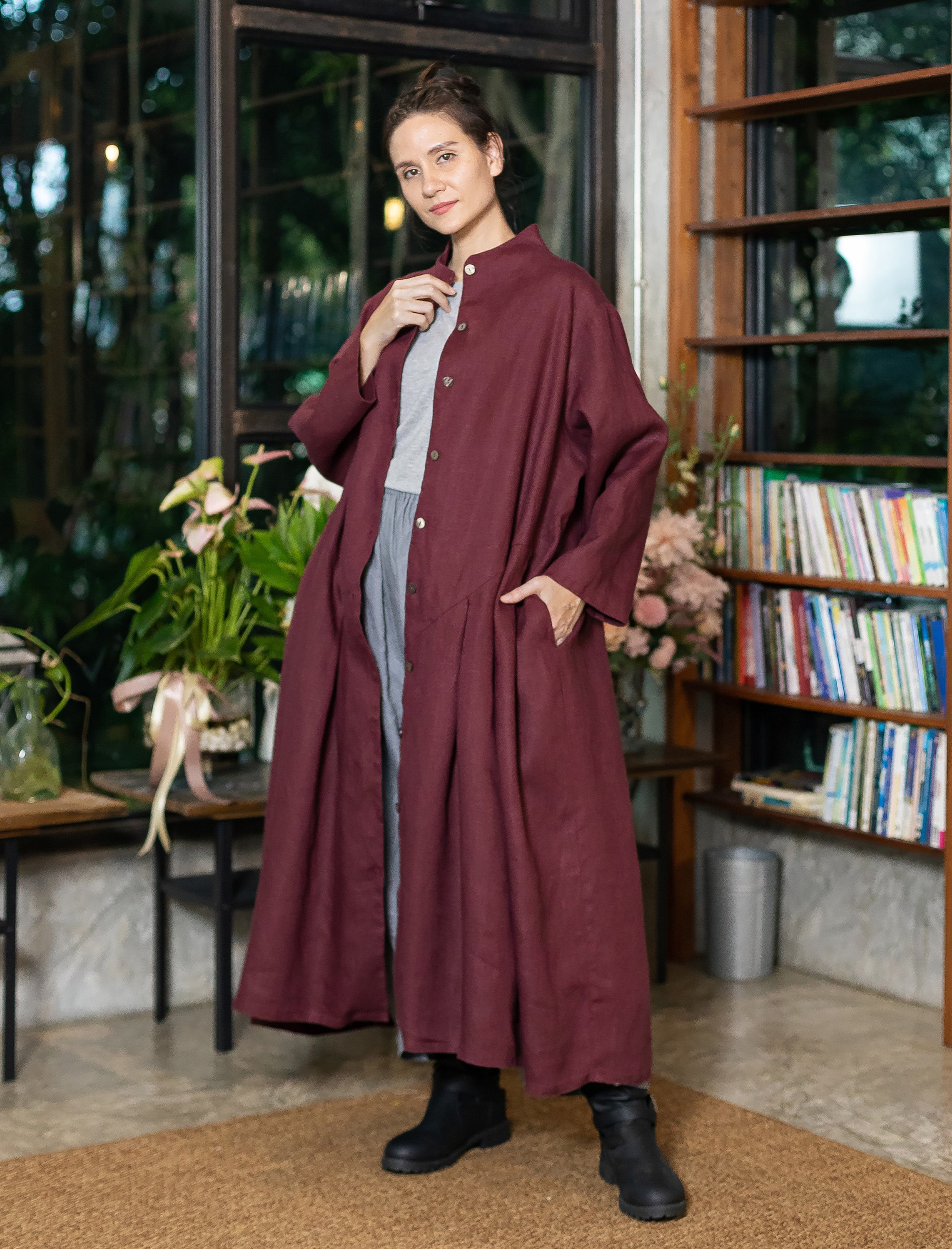 Plum Colored Linen Jacket With Lining, Purple Linen Overcoat, Long ...