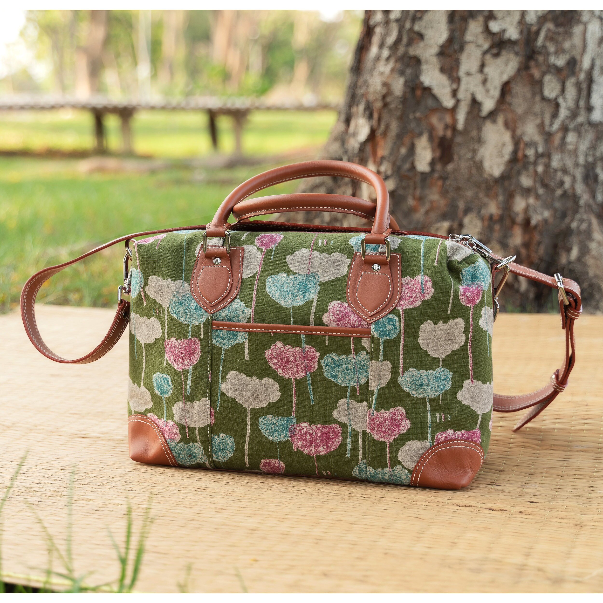 Crossbody Bag Made of Floral Green Cotton and Tan Leather, Summer ...