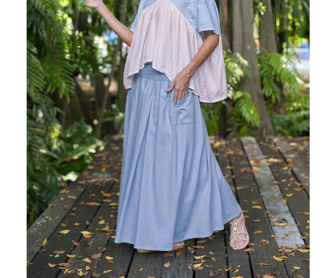Light Blue Oversized Pleated Skirt, Linen Cotton Maxi Skirt With ...