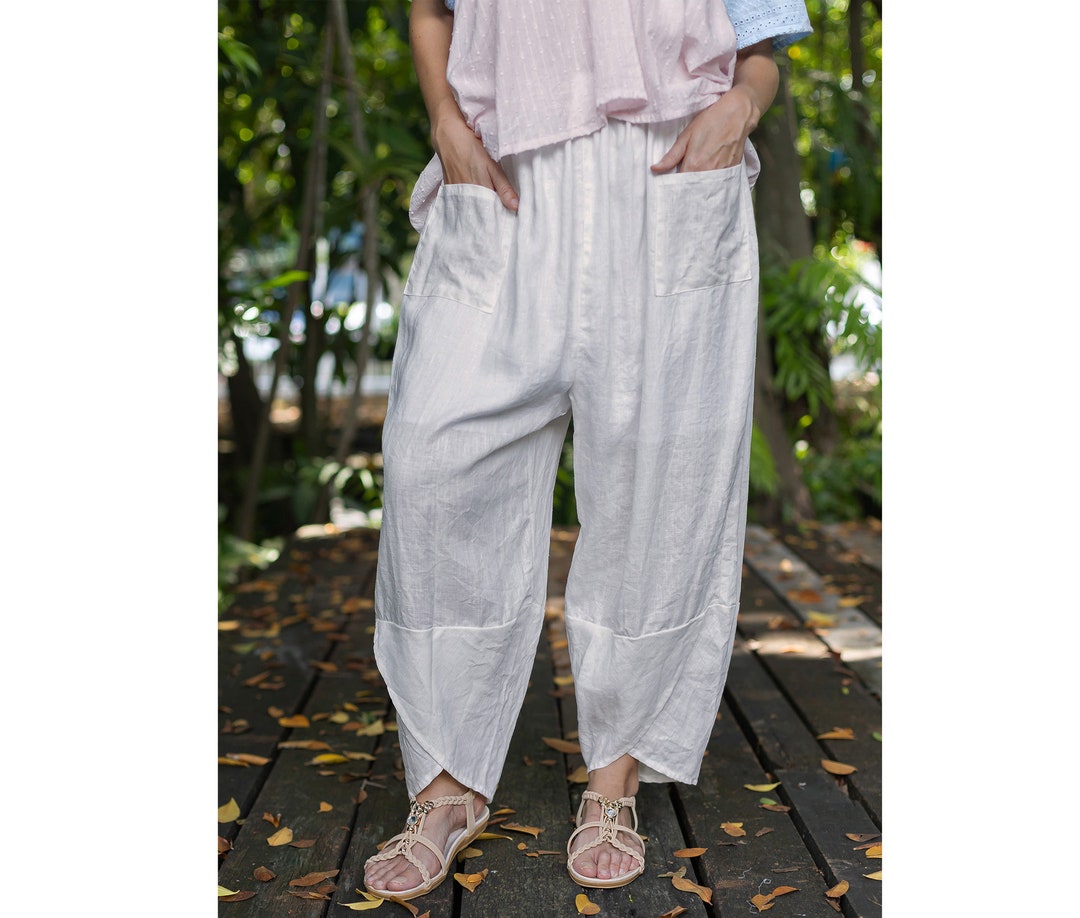 White Plus Size Linen Pants, Linen Harem Pants, Oversized Linen Pants ...
