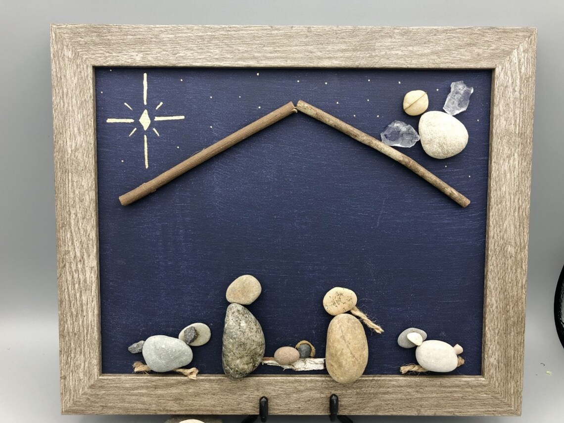 Rock Art Nativity Picture, Framed Rock Art Nativity, Christmas Pebble ...