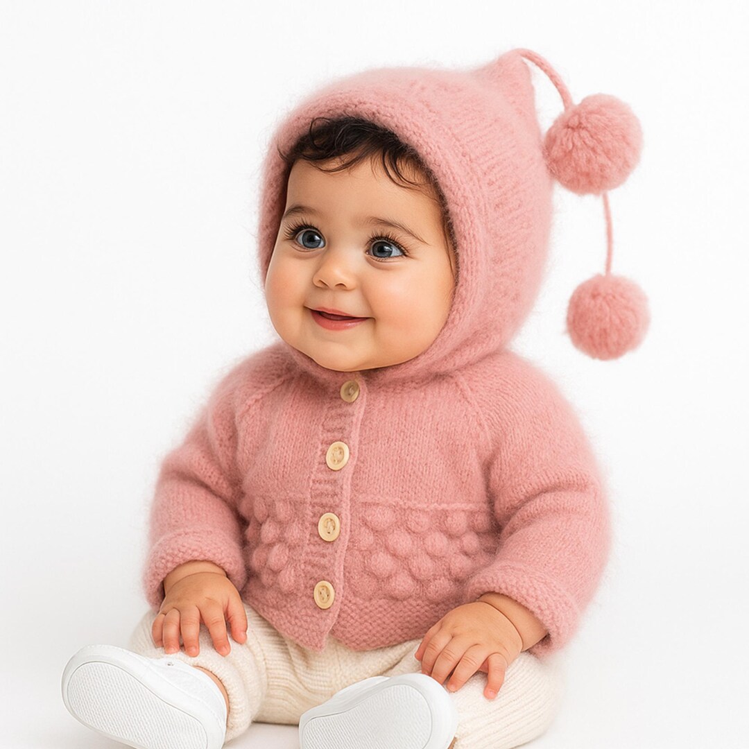 Handknit Angora Baby Sweater: Hooded Cardigan With Wooden Buttons - Etsy
