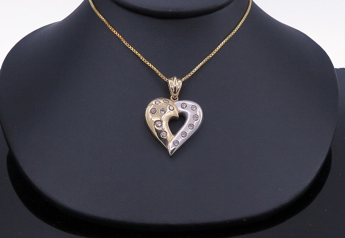 14 K Two Tone Gold Heart Shaped Slider Pendant With Diamonds | Etsy