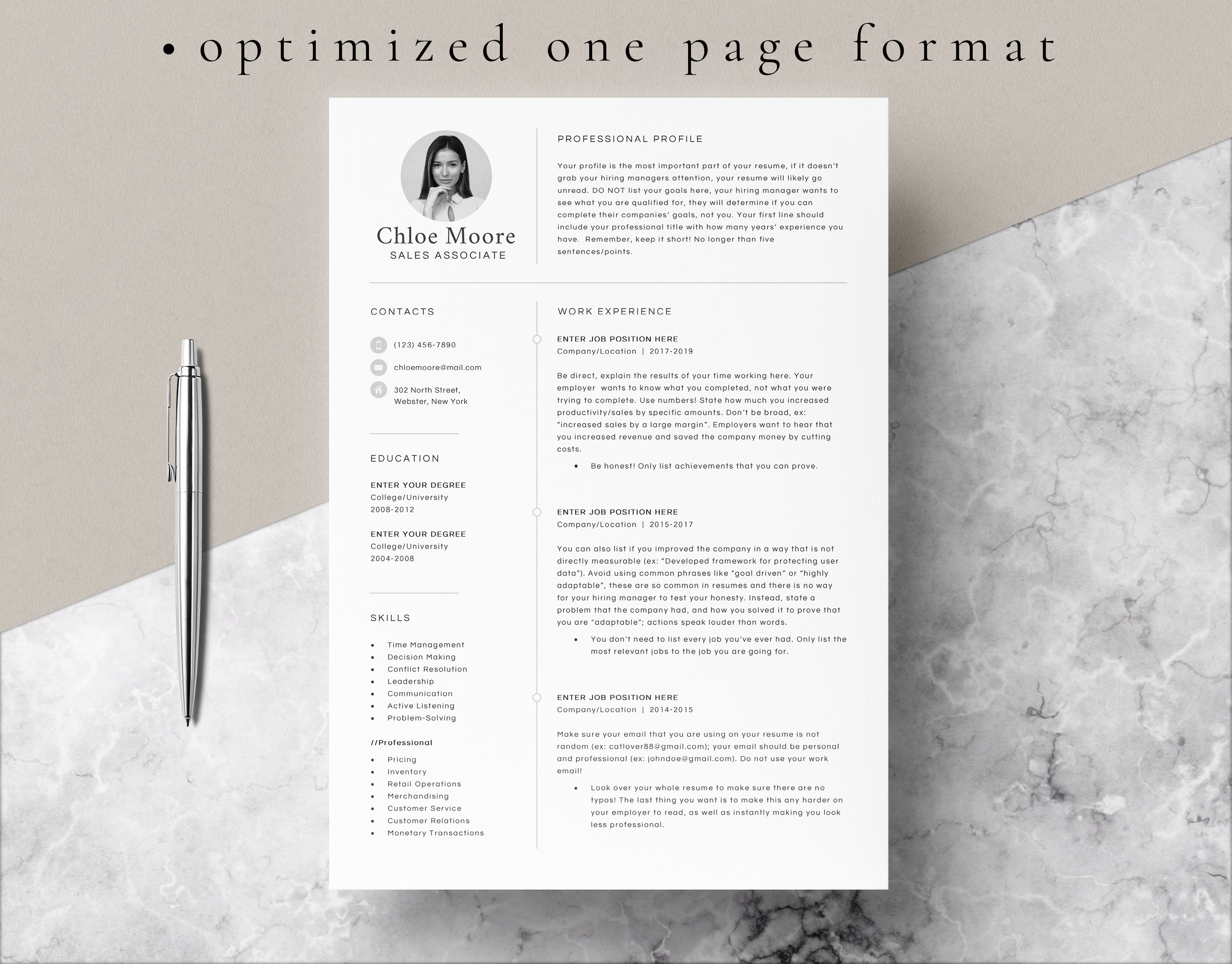 One Page Resume Template Cover Letter and References Template for MS ...