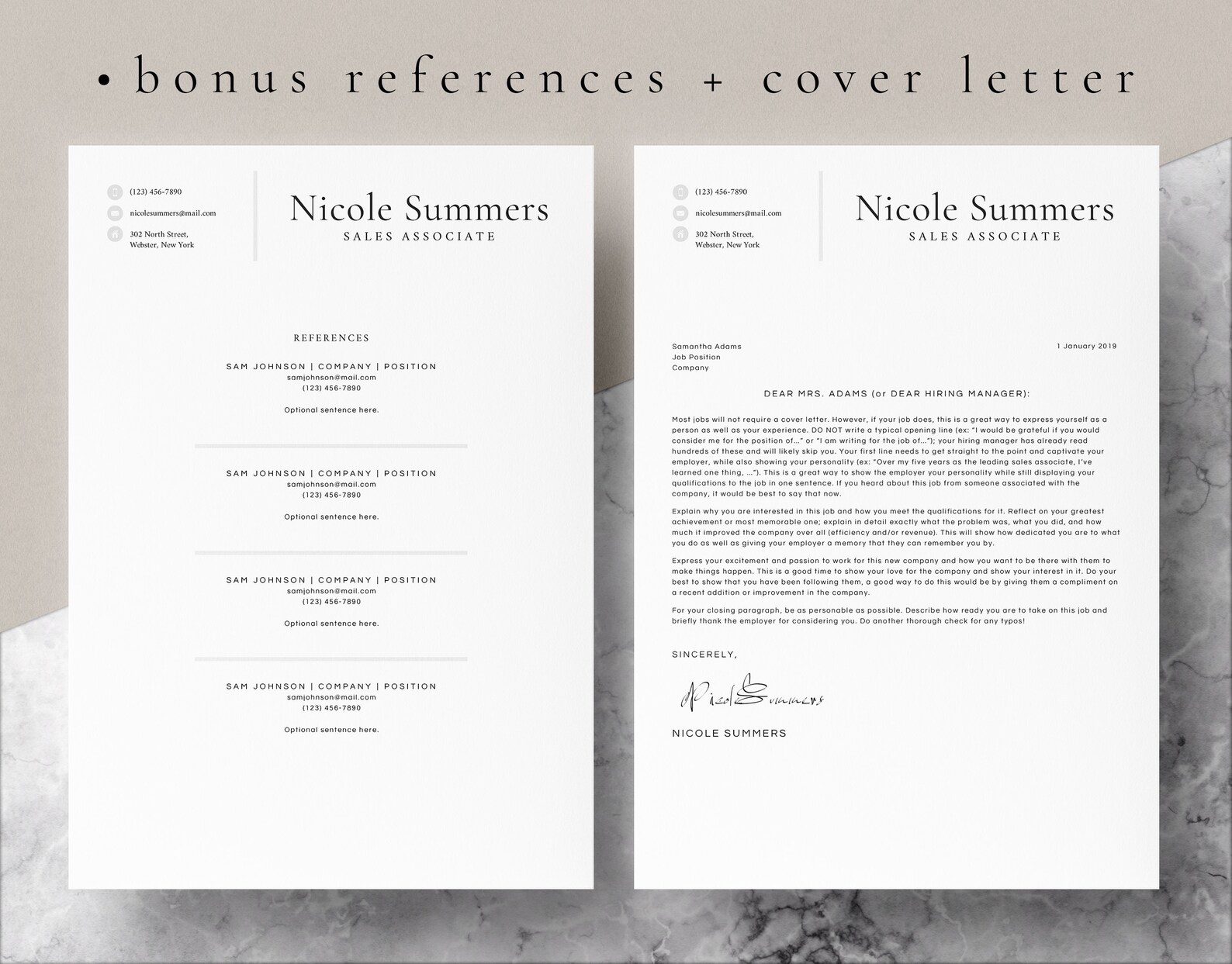 One Page Resume Template Cover Letter and References Template for MS ...