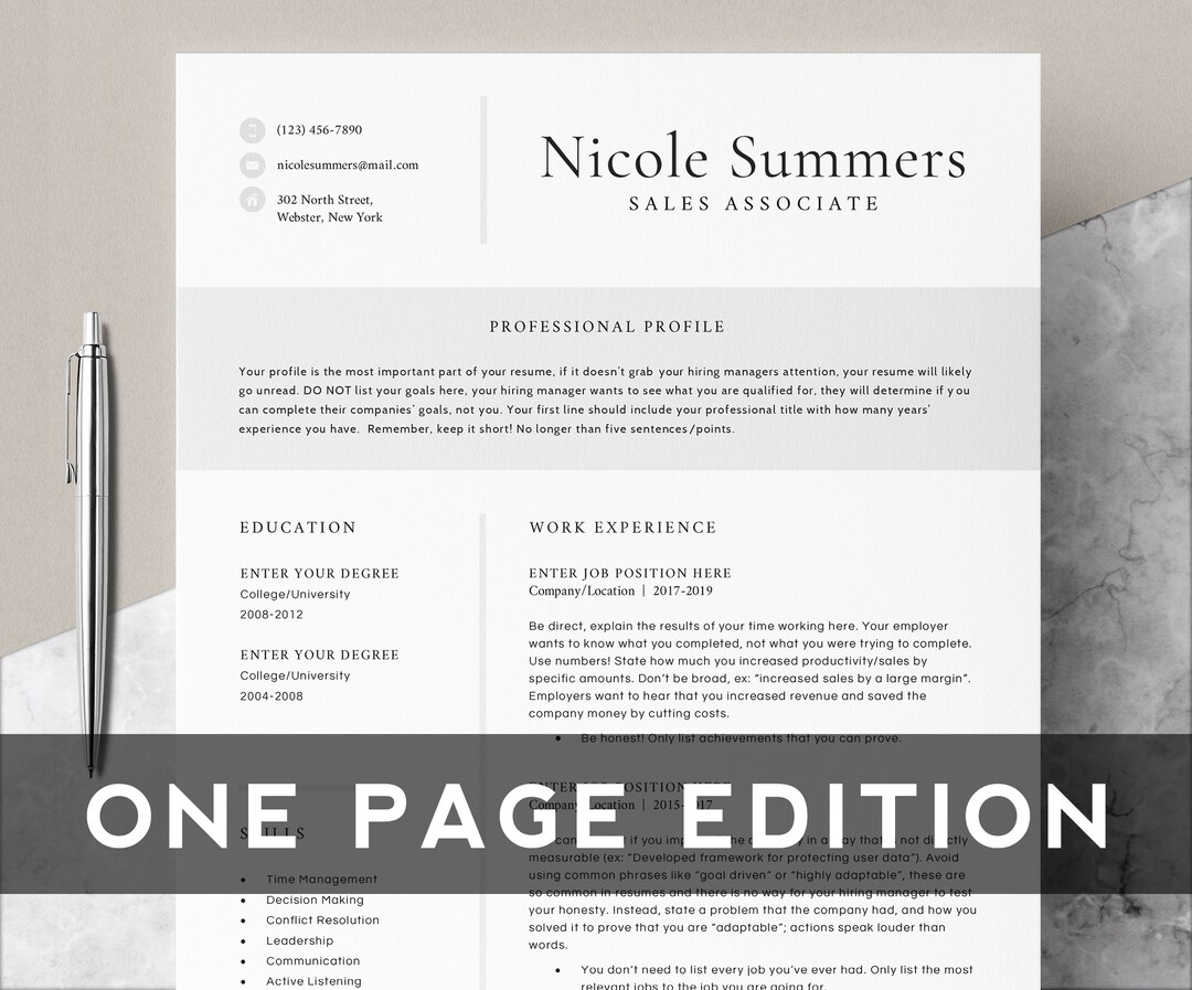 One Page Resume Template Cover Letter and References Template for MS ...
