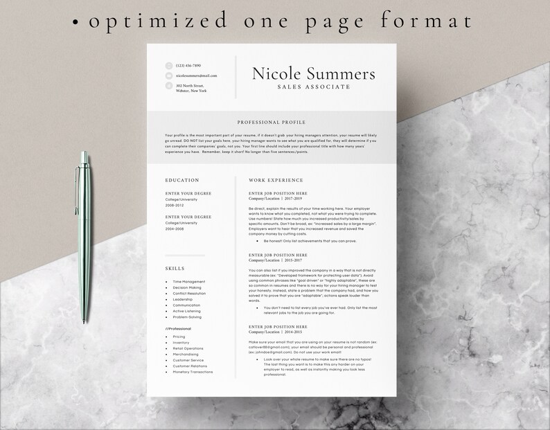 One Page Resume Template Cover Letter and References Template for MS ...