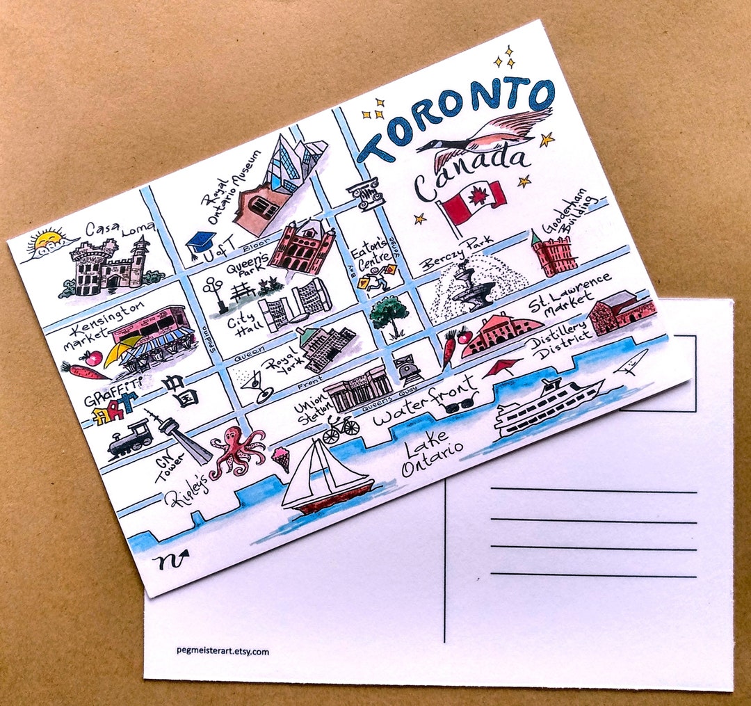 Tourist Postcard of Toronto, Illustrated Hand Drawn Map of the Streets ...
