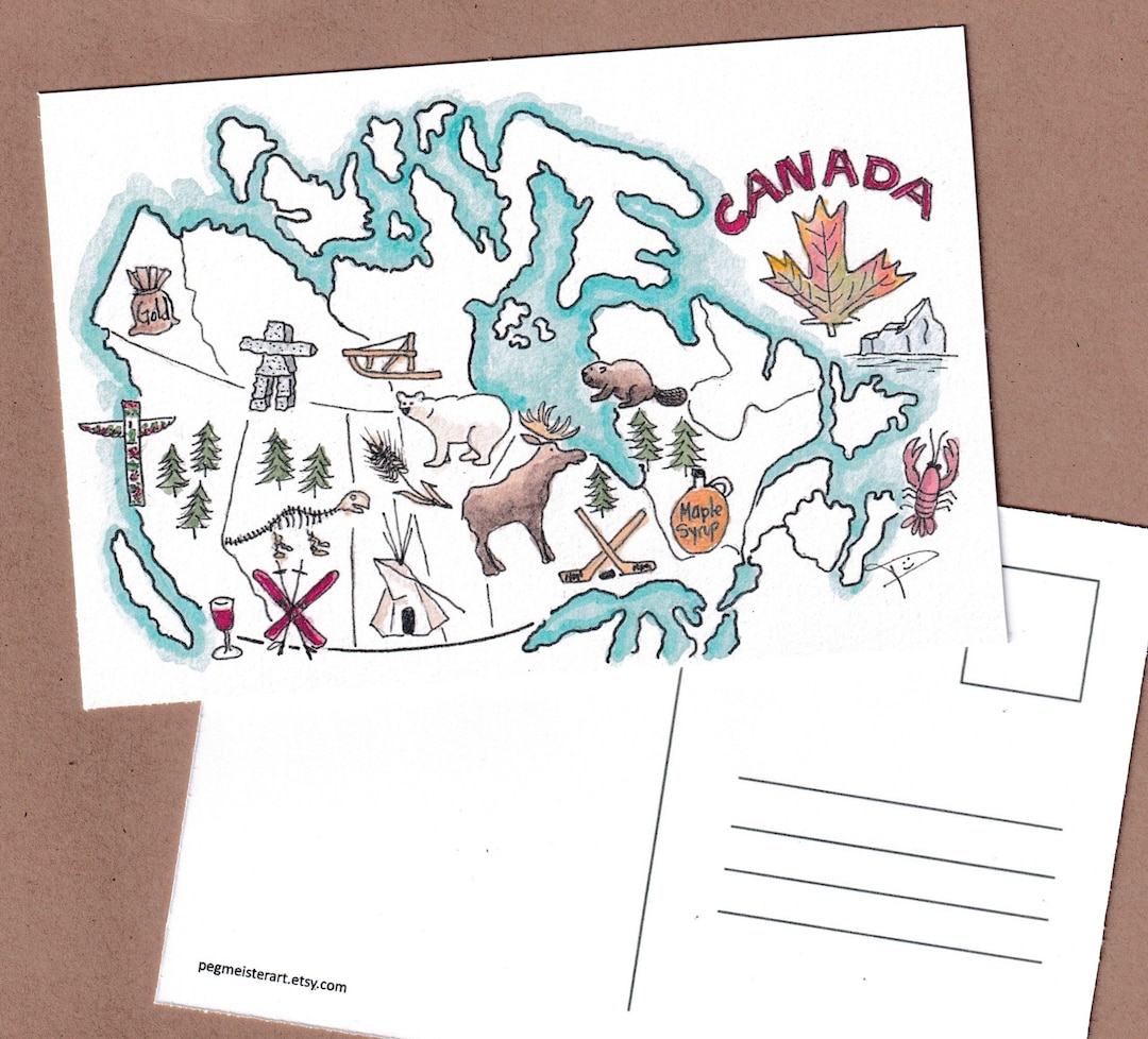 Canada Postcard, Hand Drawn Illustrated Canada Map Postcard, Canadian ...