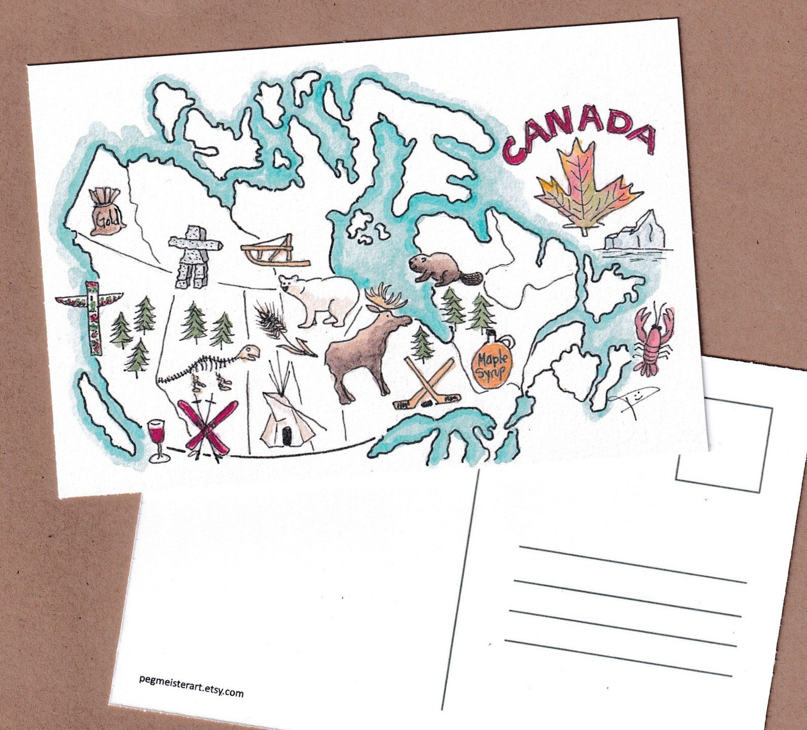 Canada Postcard, Hand Drawn Illustrated Canada Map Postcard, Canadian ...