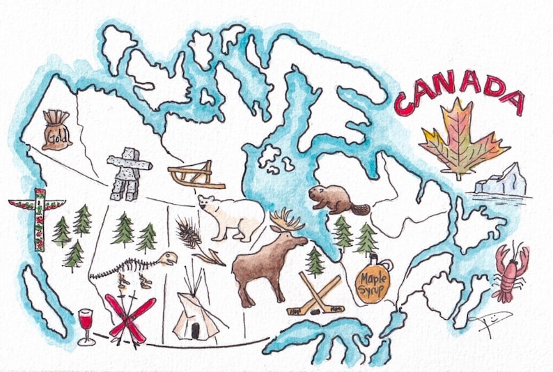 Canada Postcard, Hand Drawn Illustrated Canada Map Postcard, Canadian ...