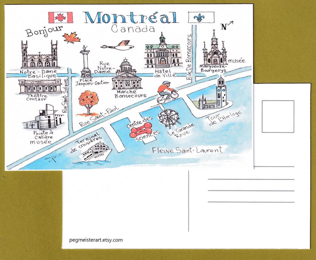 Montreal Illustrated Map Postcard: Hand Drawn, Pen, Ink and Watercolor ...