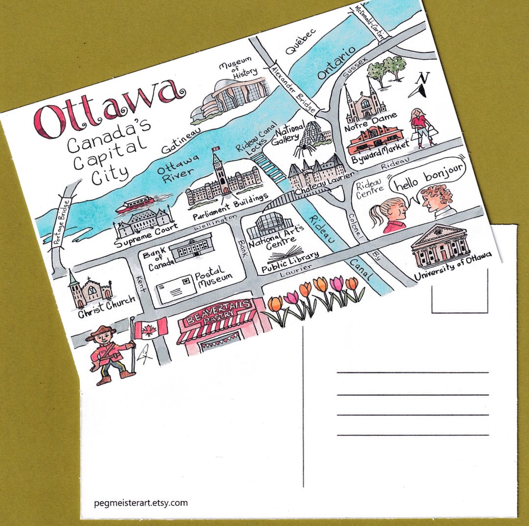 Hand-drawn Tourist Map Postcard of Major Attractions in City of Ottawa ...