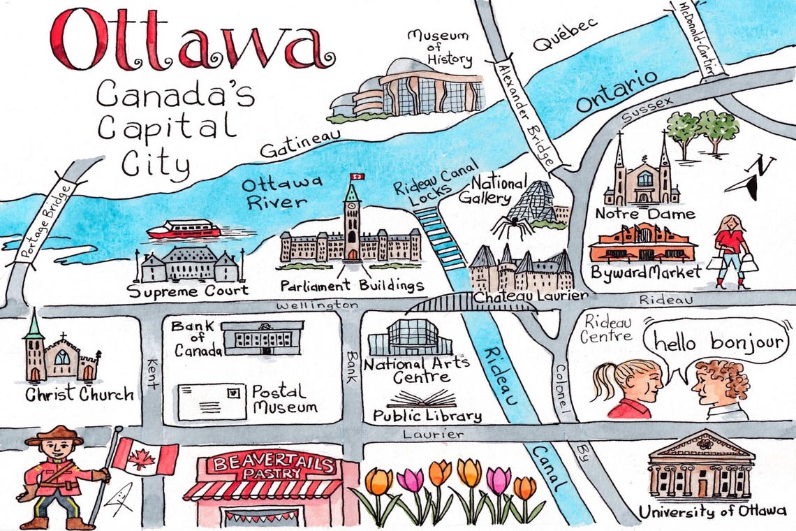 Ottawa Tourist Map Postcard: Hand-drawn City Attractions - Etsy Canada