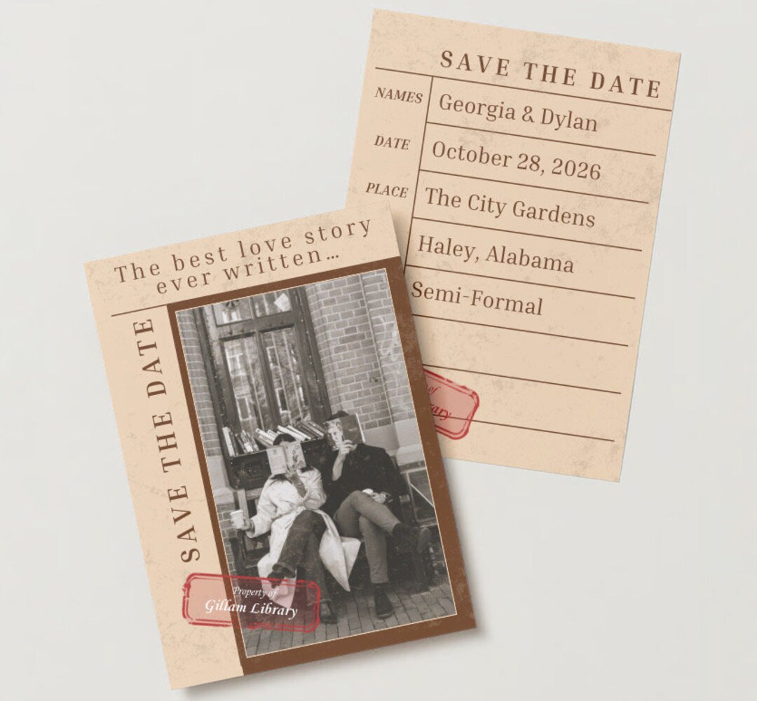 Vintage Library Card Save the Date Canva Design Template Weddings - Etsy