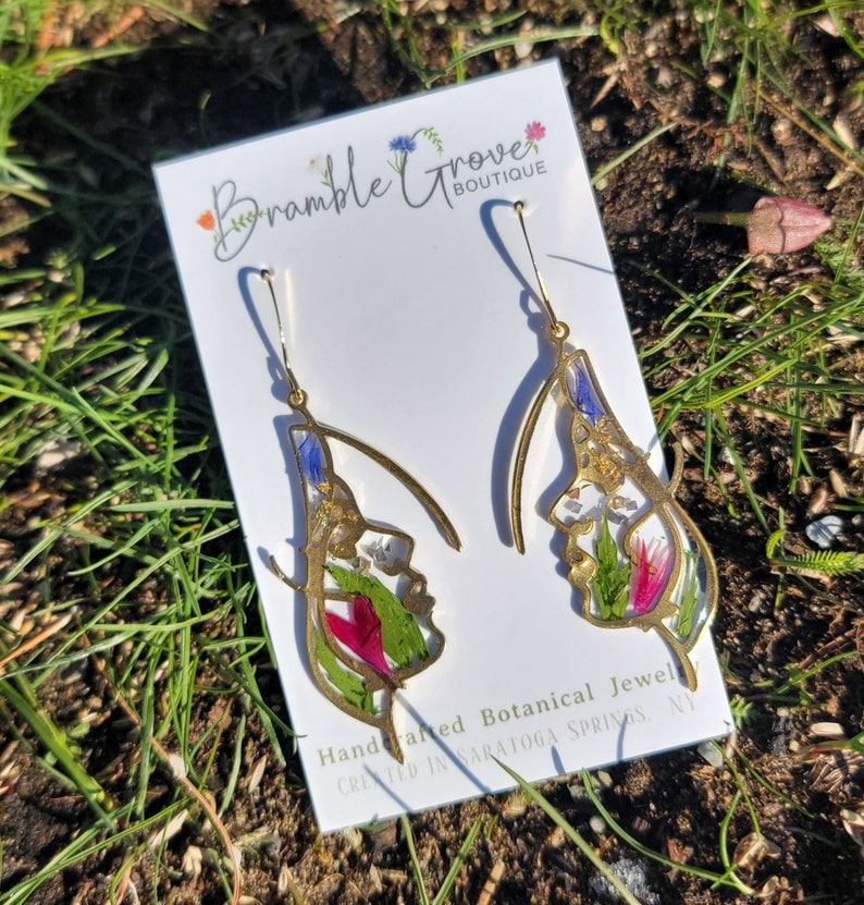 Handmade Real Flower Abstract Face Gold Earrings | Nature Inspired ...