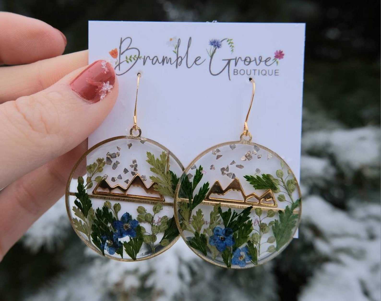 Handmade Real Pressed Fern and Forget Me Not Flower Mountain Earrings ...