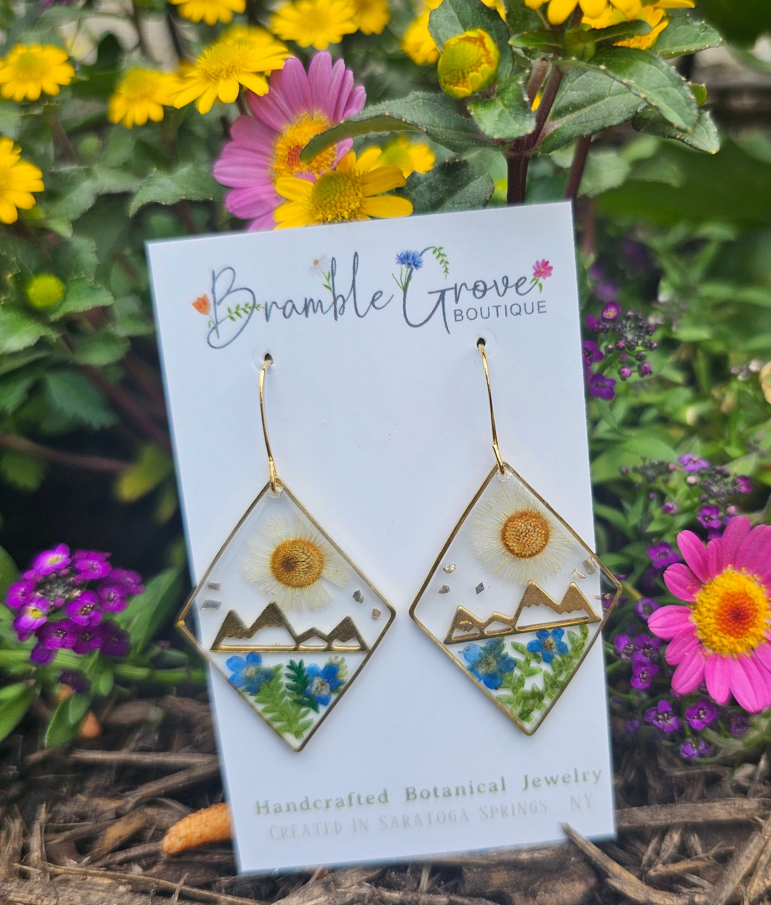 Handmade Real Flower and Fern Mountain Landscape Earrings | Unique ...