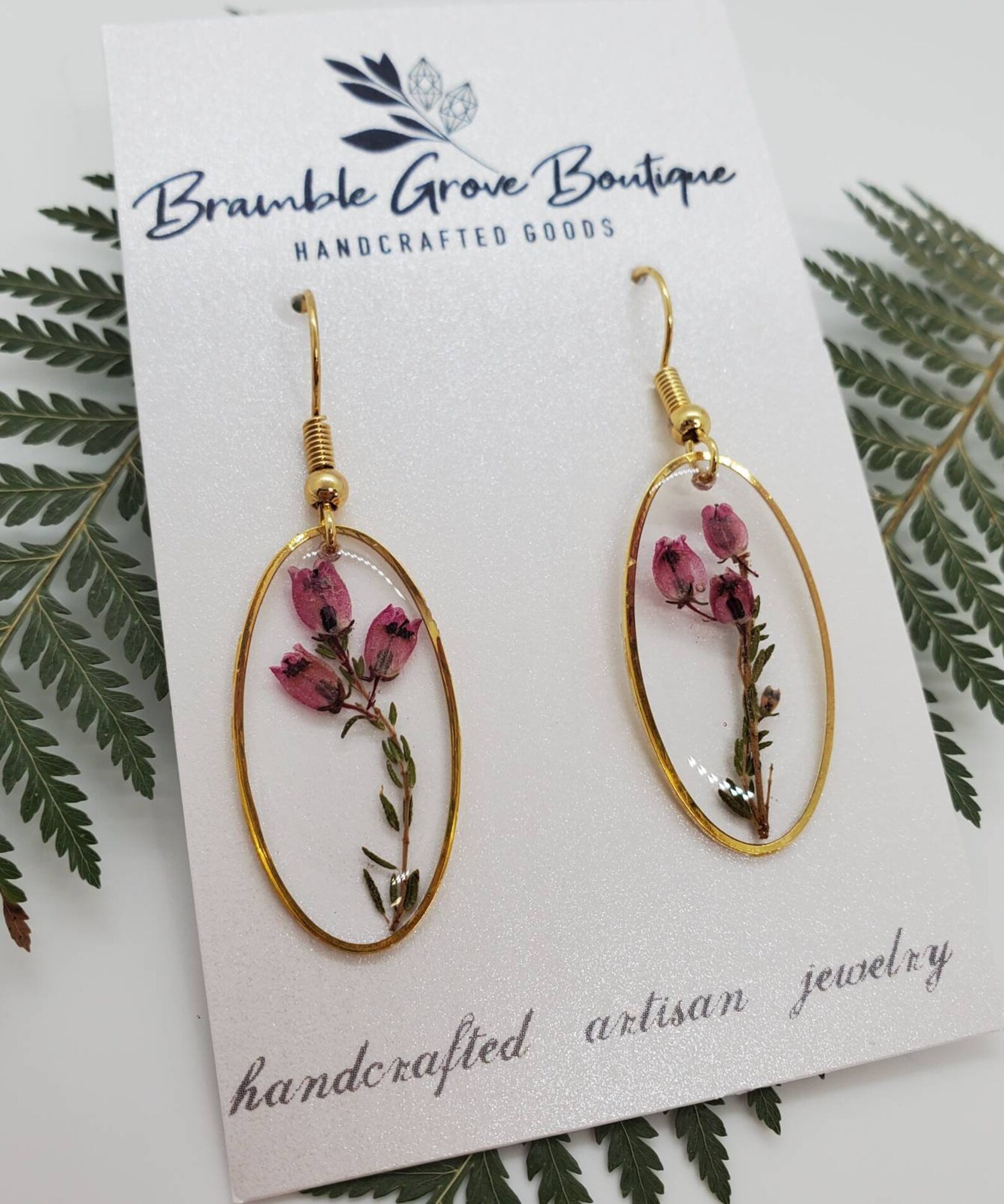 Handmade Real Pressed Dainty Heather Flower Gold Oval Earrings - Etsy