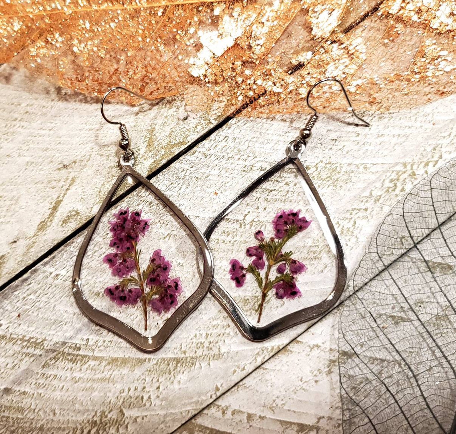 Real Pressed Heather Flower Pear Shaped Handmade Earrings | Etsy
