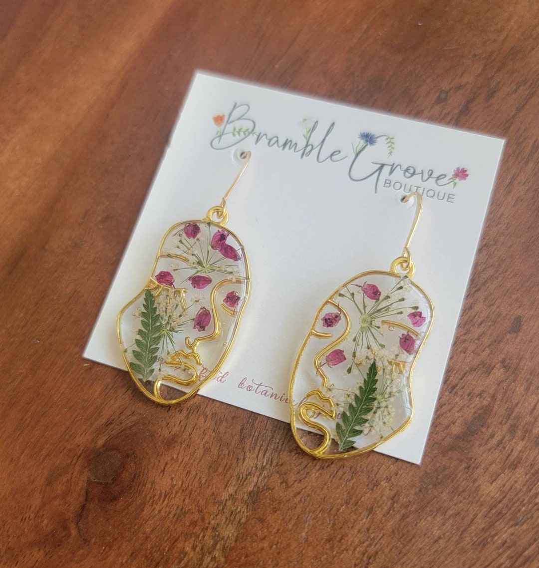 Handmade Real Flower Abstract Face Earrings | Gold Minimalist Floral ...
