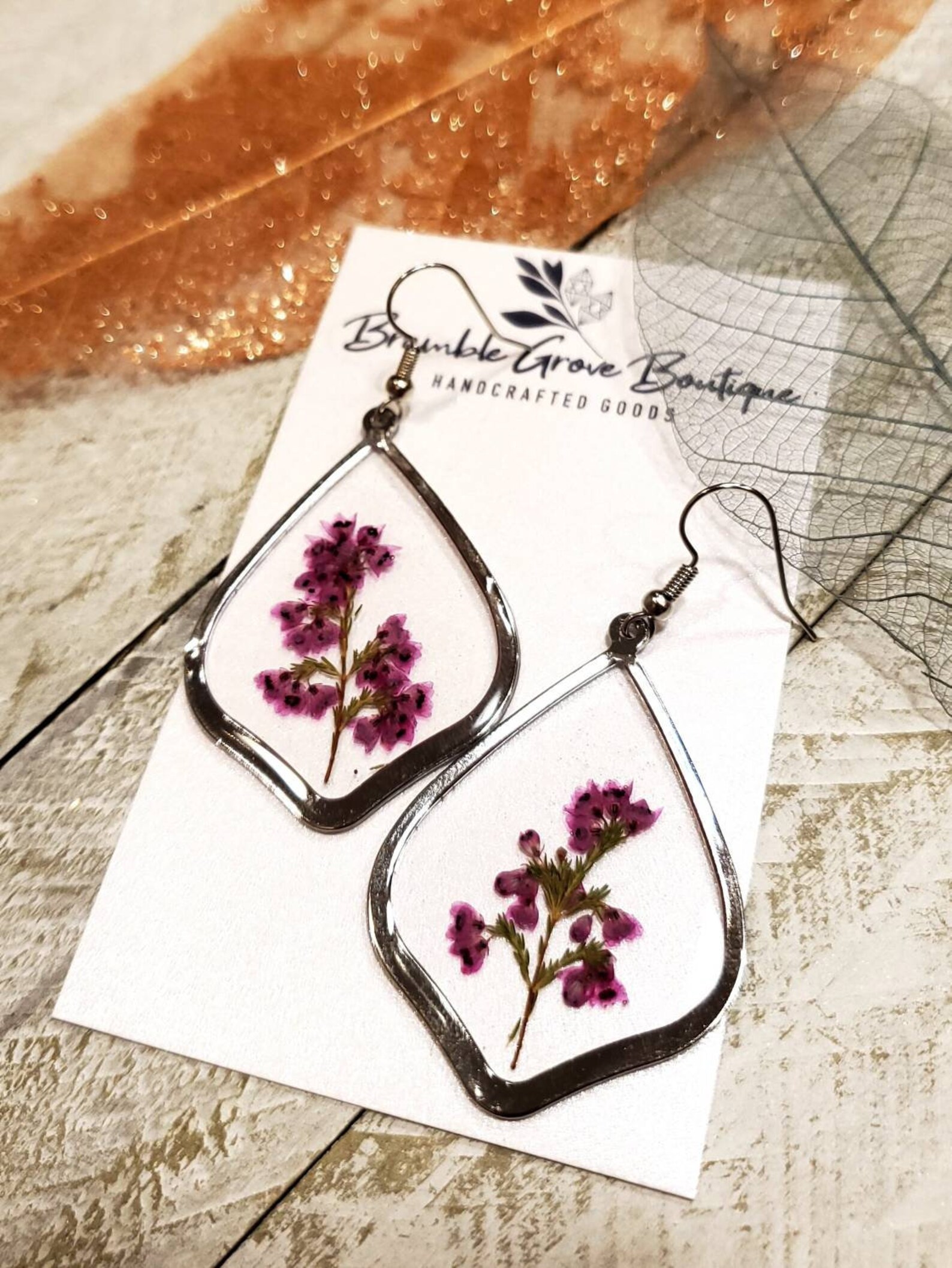 Real Pressed Heather Flower Pear Shaped Handmade Earrings - Etsy