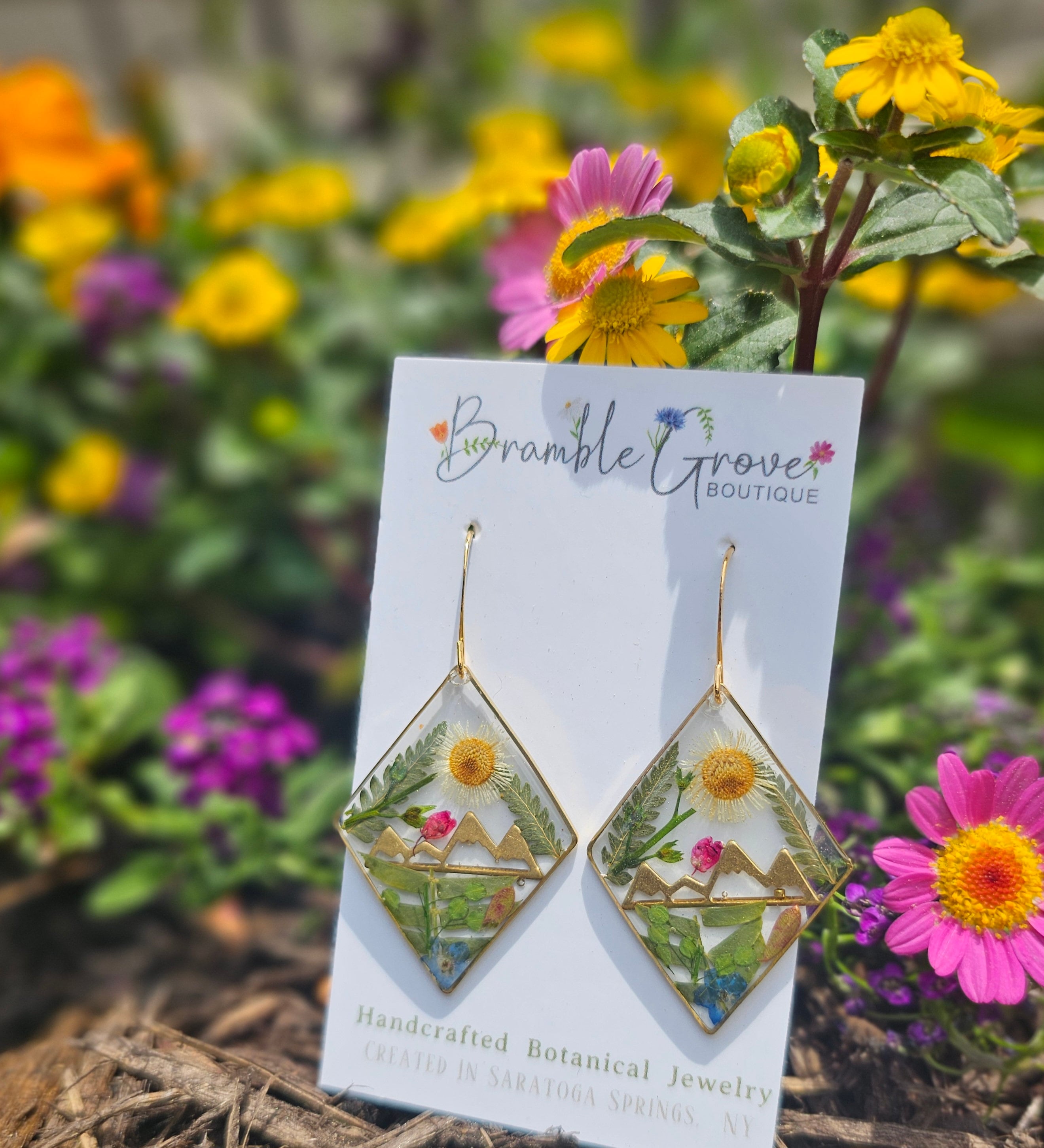 Handmade Real Flower and Fern Mountain Landscape Earrings | Unique ...