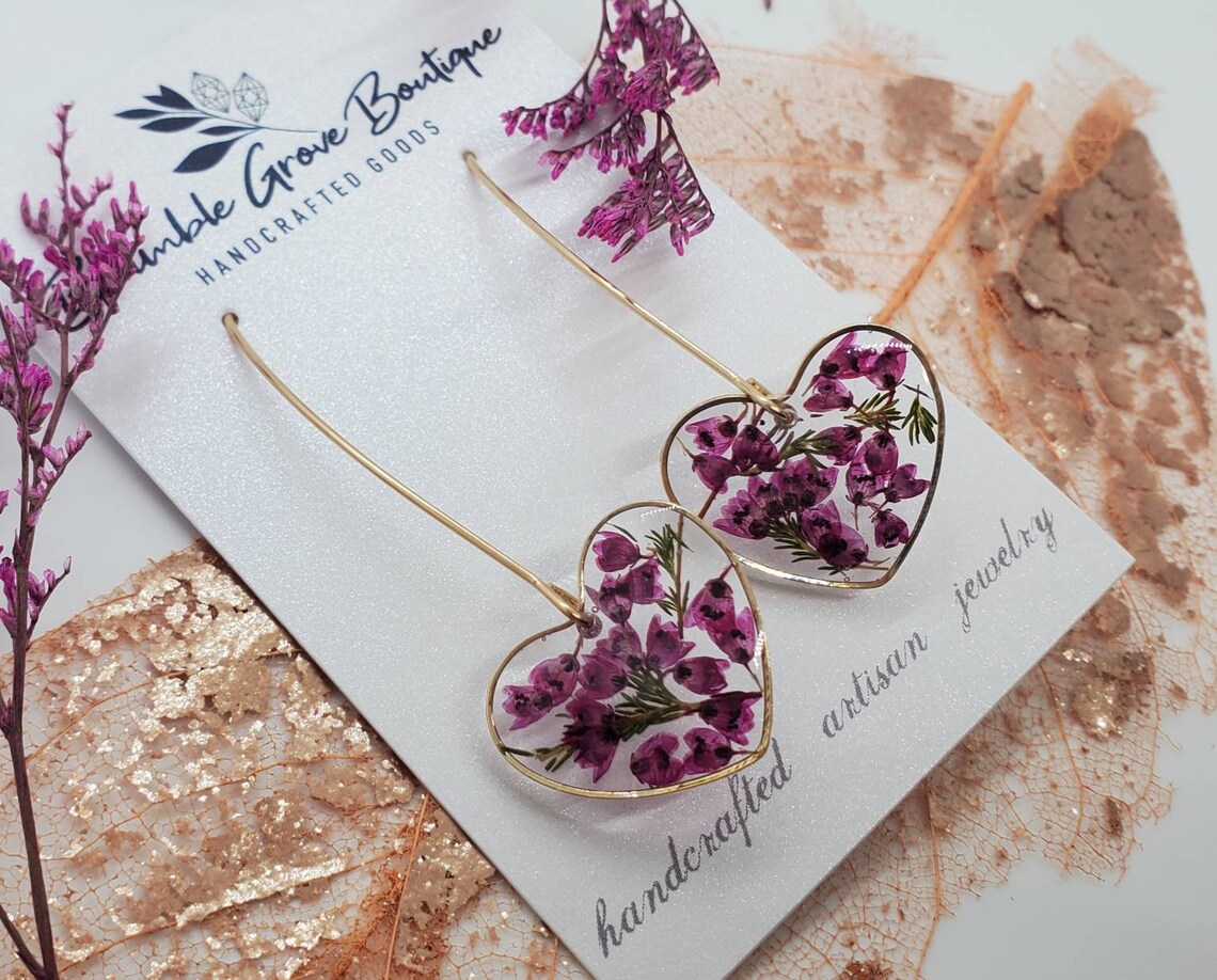 Handmade Real Pressed Heart Shape Heather Flower Earrings | Botanical ...