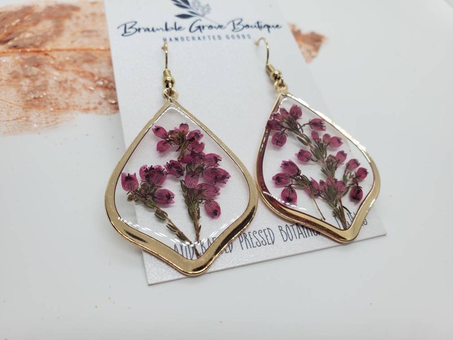Real Pressed Heather Flower Pear Shaped Handmade Earrings - Etsy