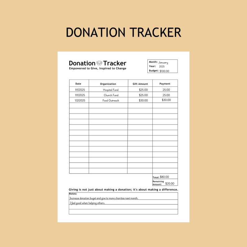 Donation Tracker Printable 8x11 PDF, Instant Download, Charitable ...