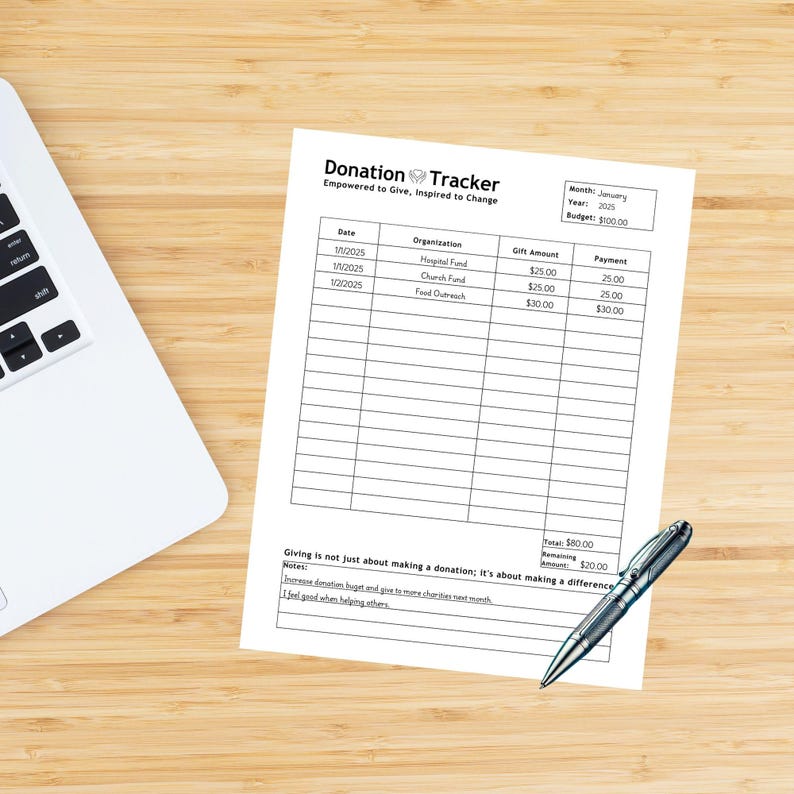 Donation Tracker Printable 8x11 PDF, Instant Download, Charitable ...