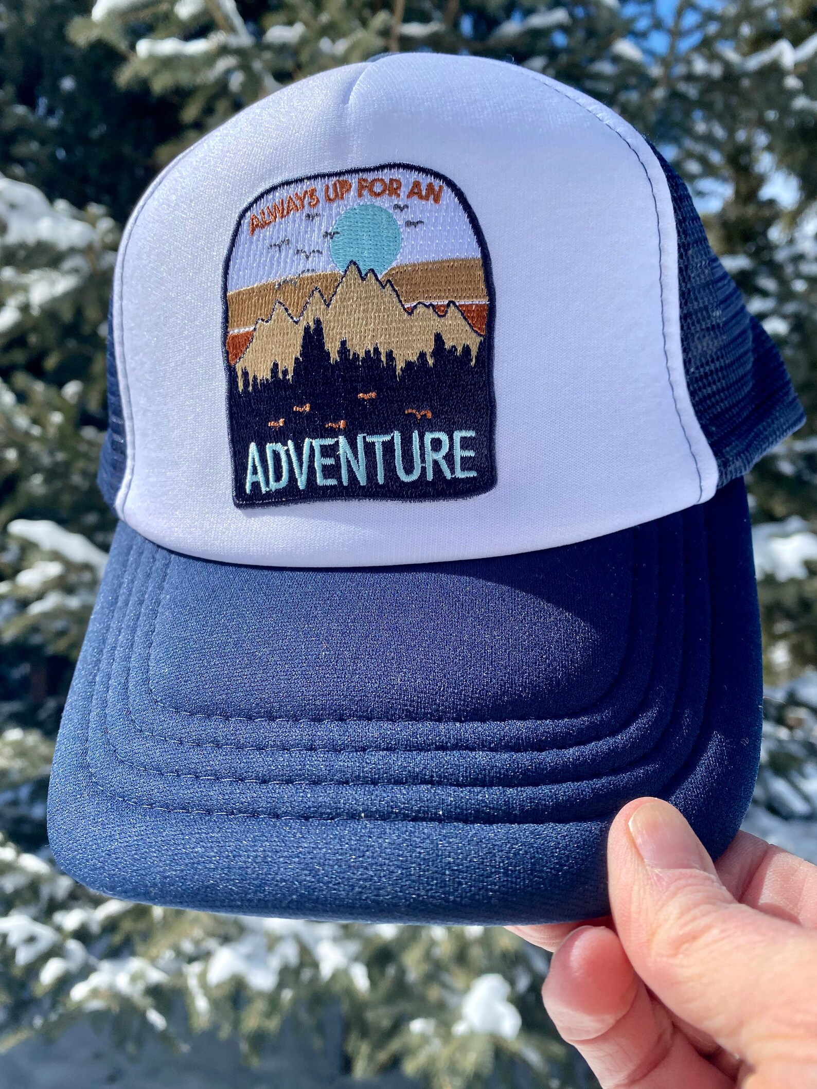 Kids Trucker Hat | Mountain Adventure Patch Trucker Hat | Navy White ...