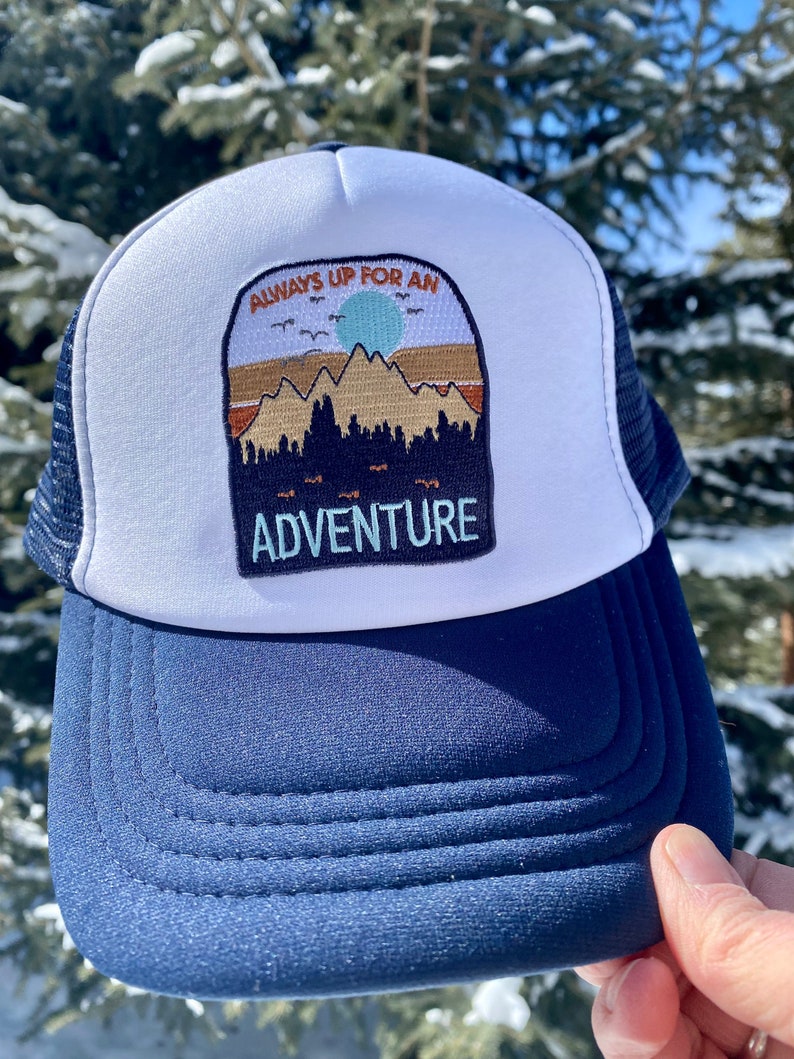 Kids Trucker Hat | Mountain Adventure Patch Trucker Hat | Navy White ...