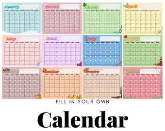 Printable Blank Monthly Calendar, January to December, PDF Instant ...