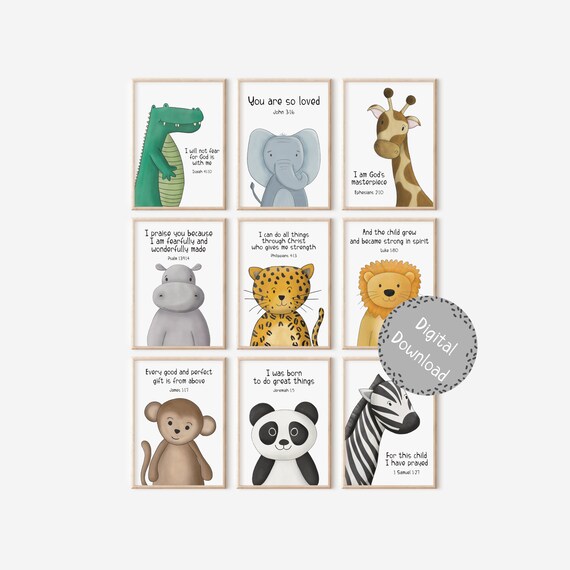 Set of 9 Bible Verse Prints Downloadable Safari Nursery | Etsy