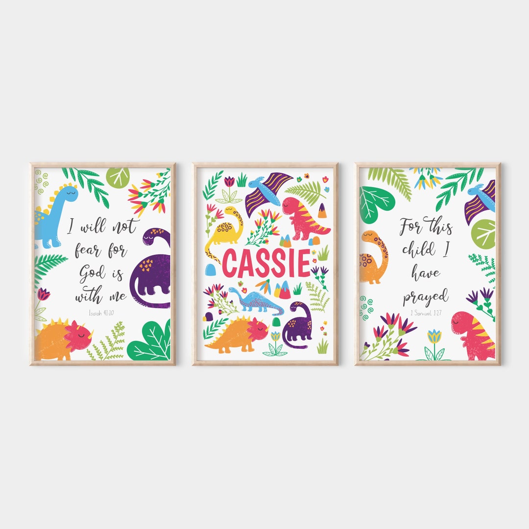 Bright Dinosaur Bible Verse Print, Personalised Dino Wall Art, Rainbow ...
