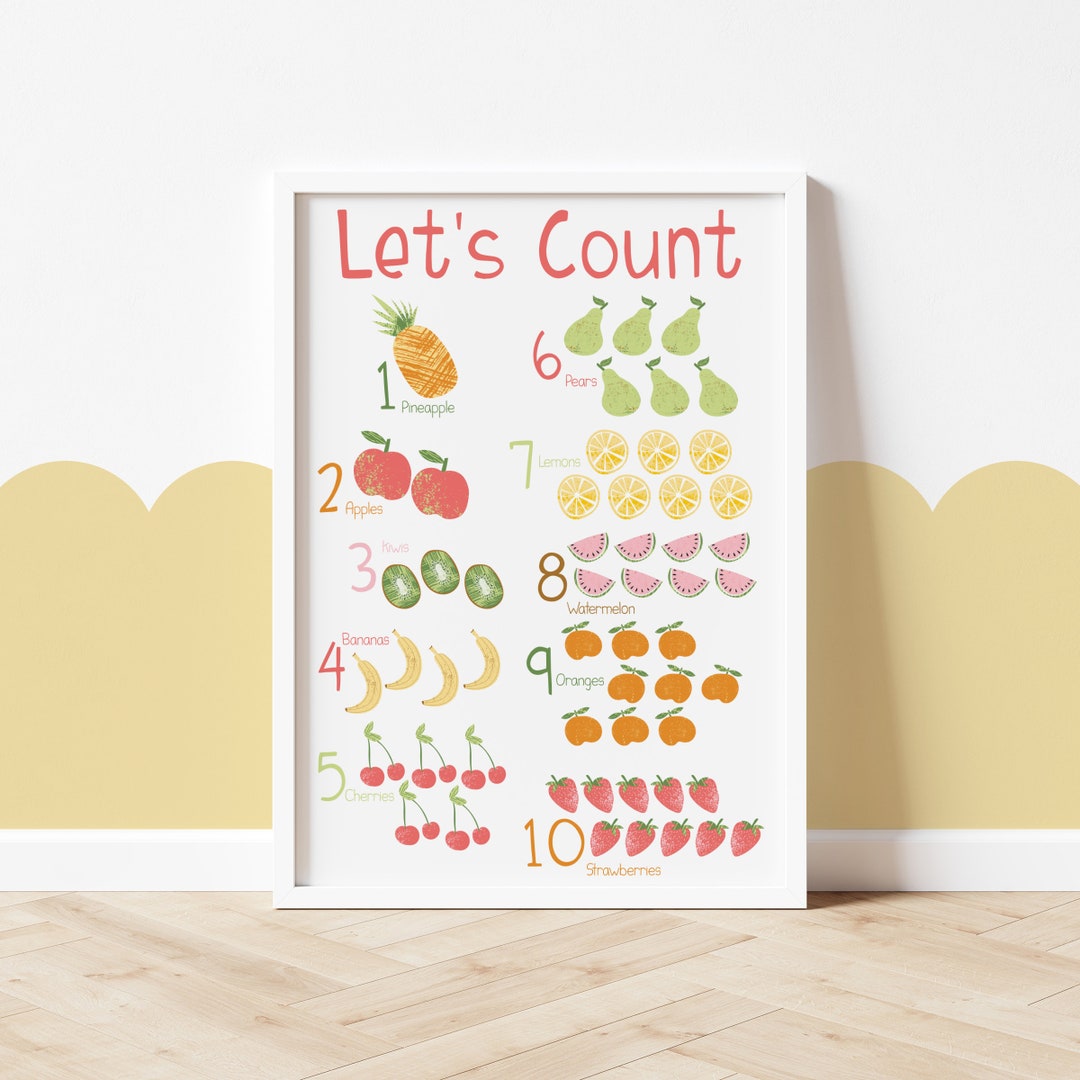 Educational Poster for Playroom, Fruit Themed Counting Print, Bright ...