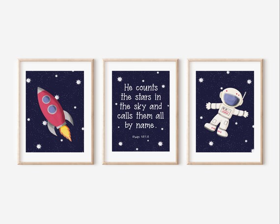 Space Bible Verse Print Set Counts the Stars Nursery | Etsy