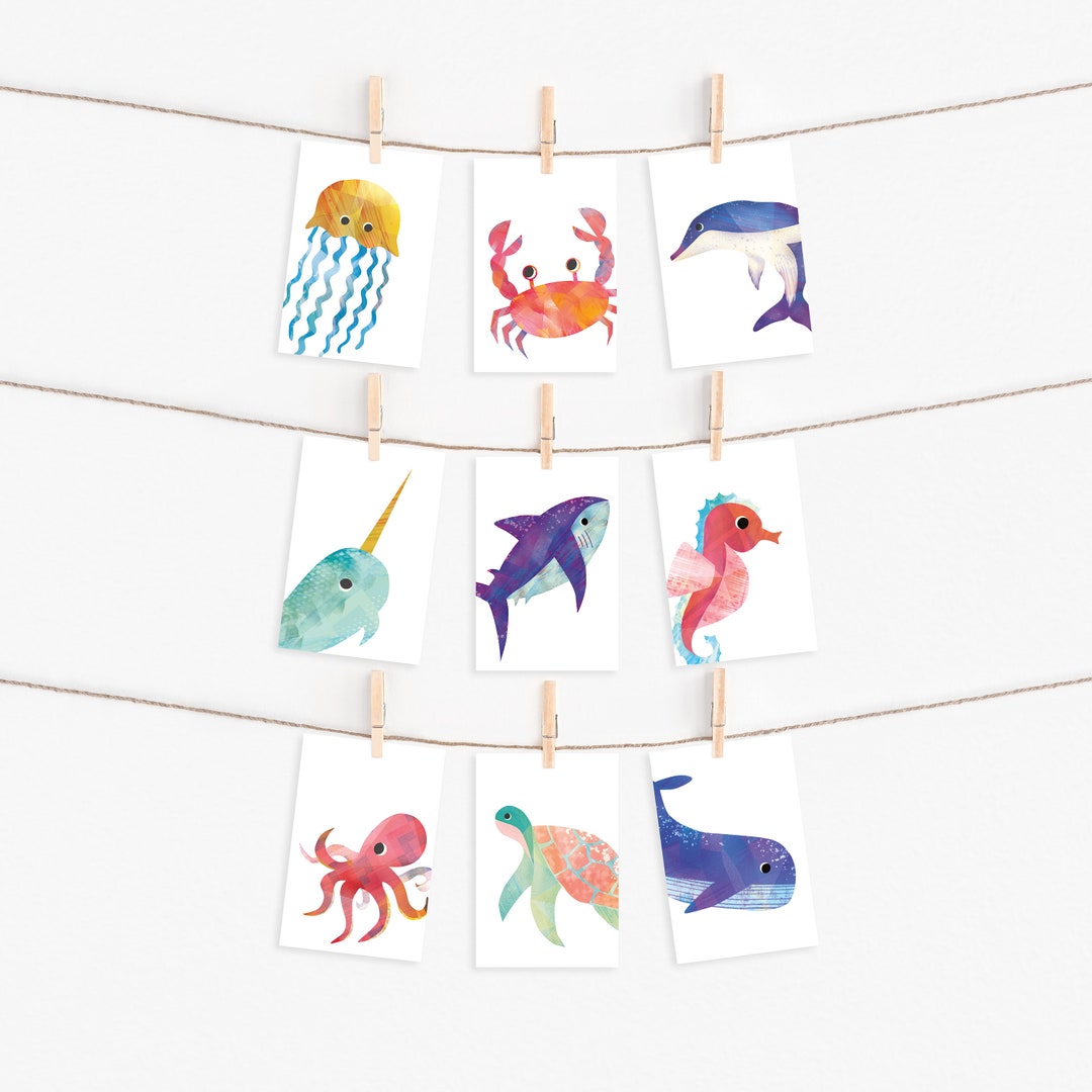 Sea Animal Postcards, Set of 9 Ocean Themed Note Cards, Kids Thank You ...