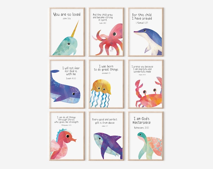 Ocean Animal Bible Verse Prints, Under the Sea Nursery Decor, Christian ...