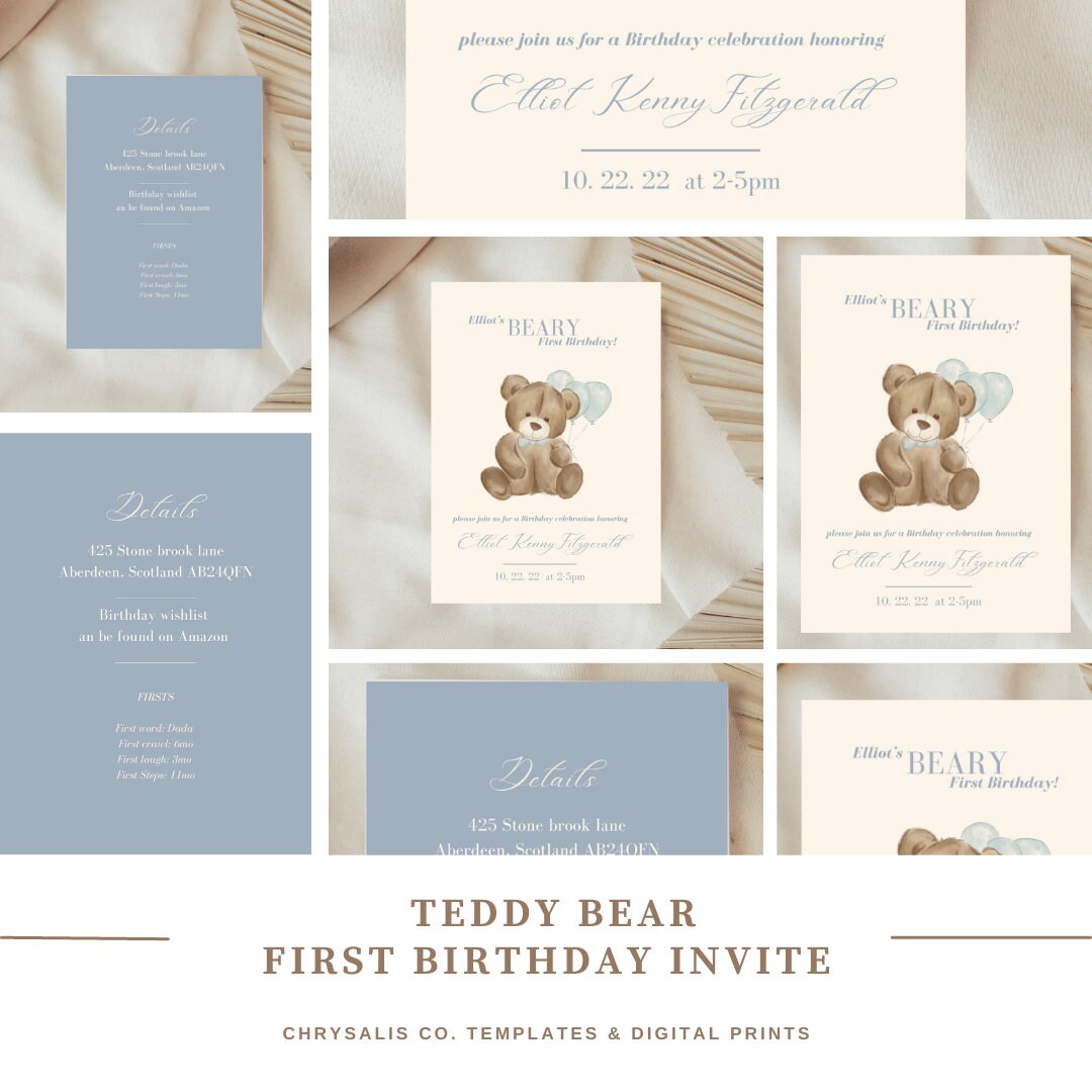 Teddy Bear 1st Birthday Party Invite - Blue - Etsy