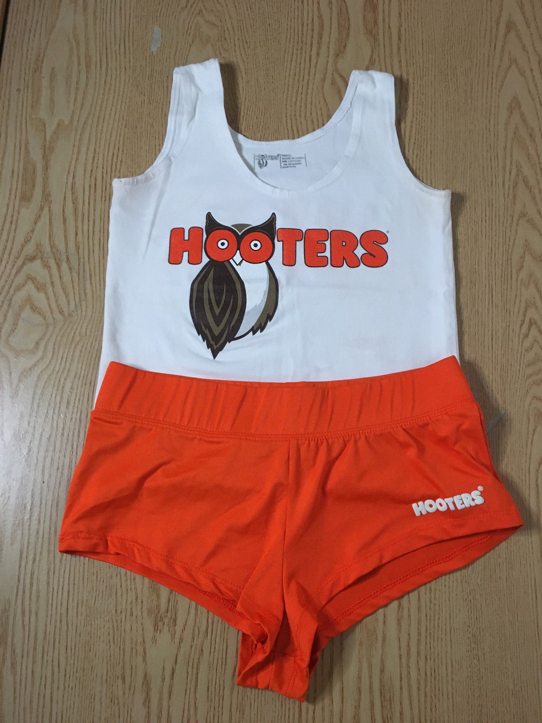 B70 Hooters Girl Worn Super Sexy Rare Uniform Tank and Cheeky Shorts Outfit Small Tank & Small ...