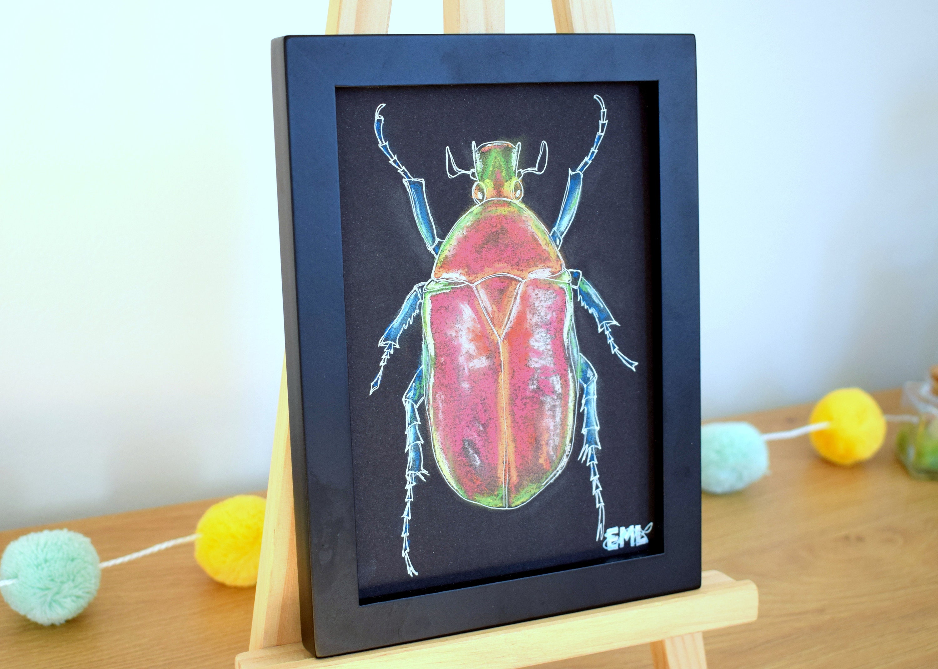Framed Original Beetle Art, Original Pastel Beetle Drawing, Insect Art ...