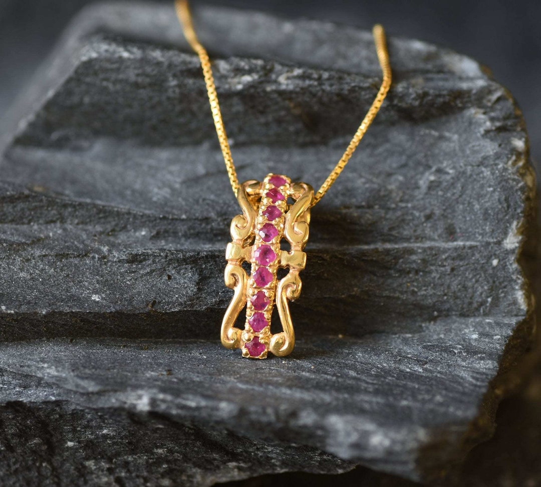 Gold Ruby Pendant, Antique Pendant, Natural Ruby, Vertical Necklace ...